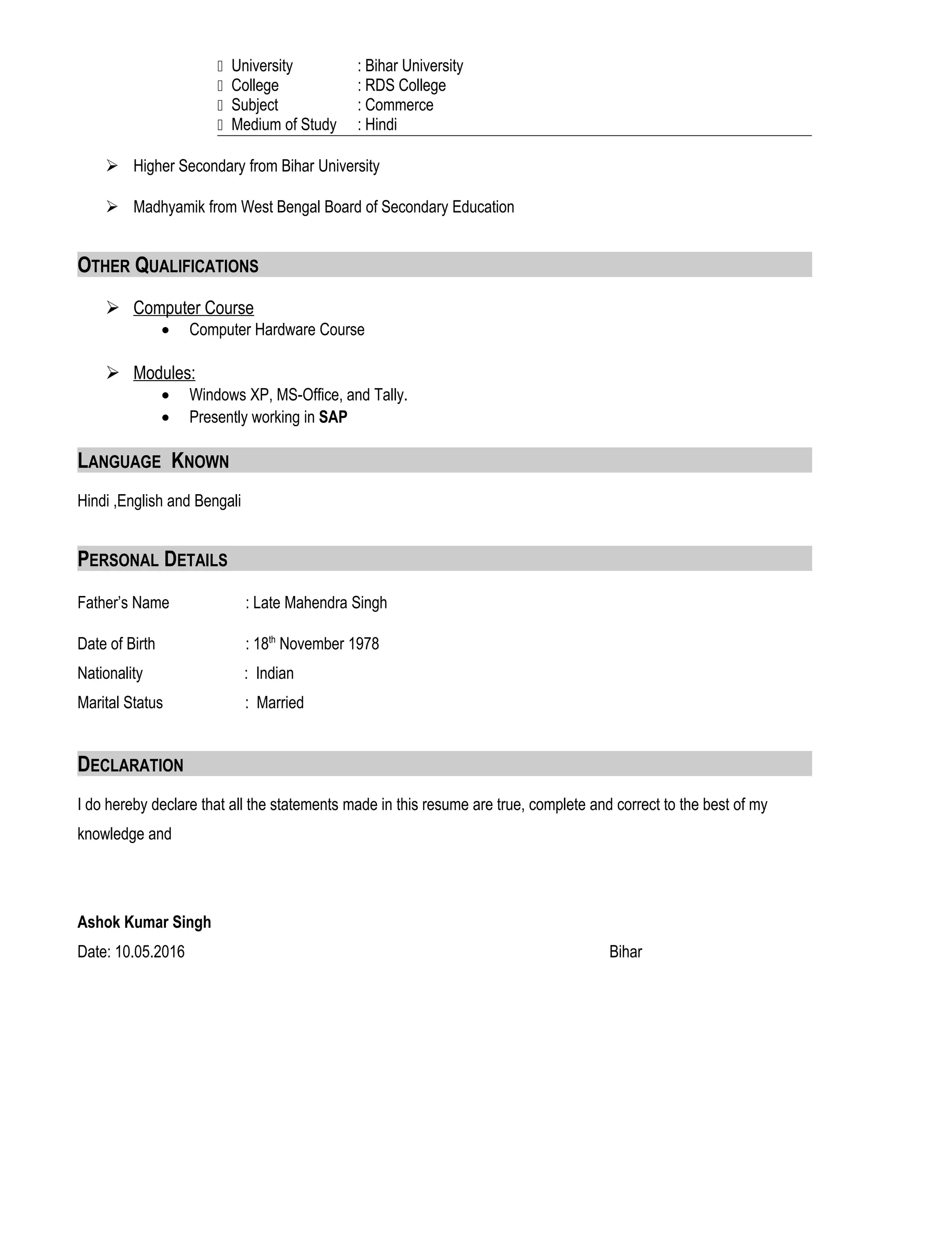 Ashok singh resume | PDF Ashok singh resume | PDF