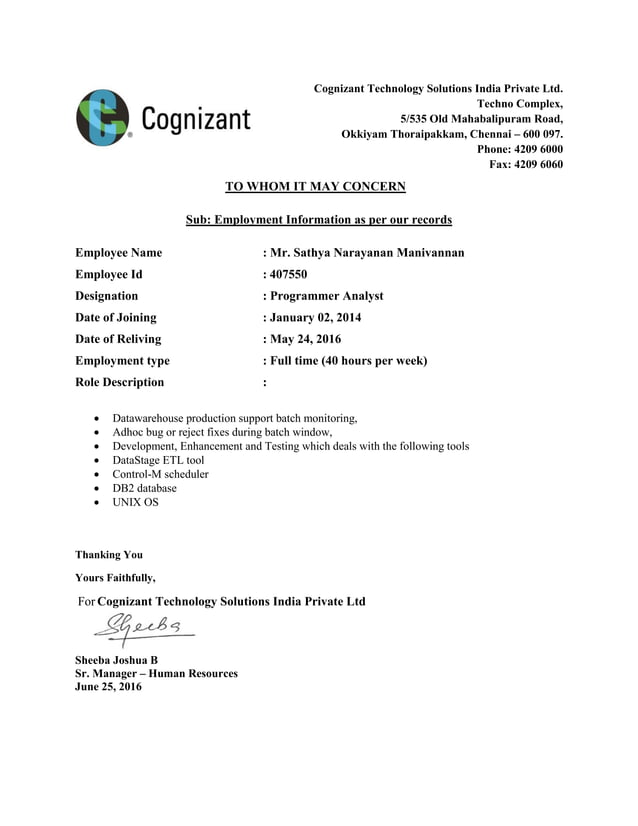 Experience letter__ Sathya (1) | PDF