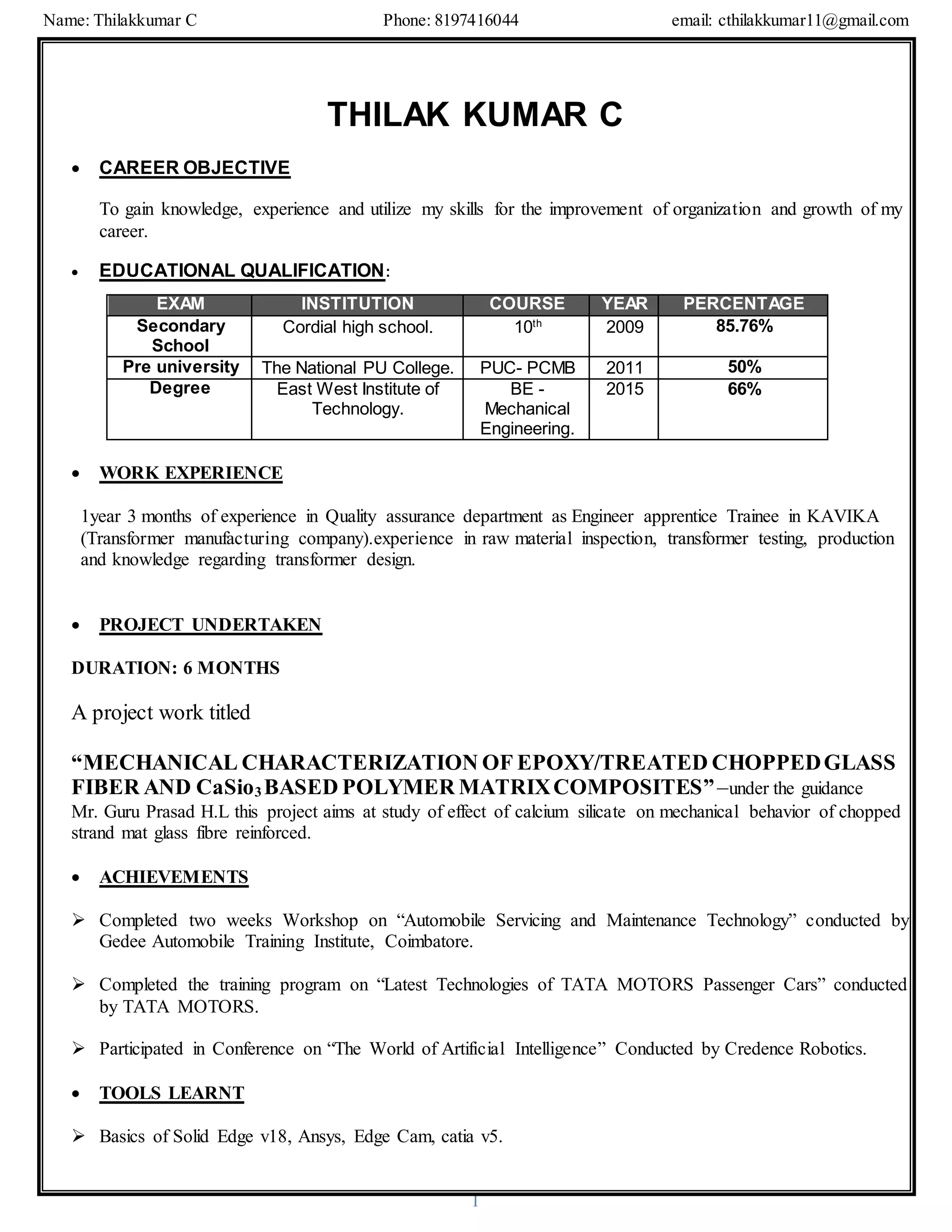 thilak resume | DOCX | Careers