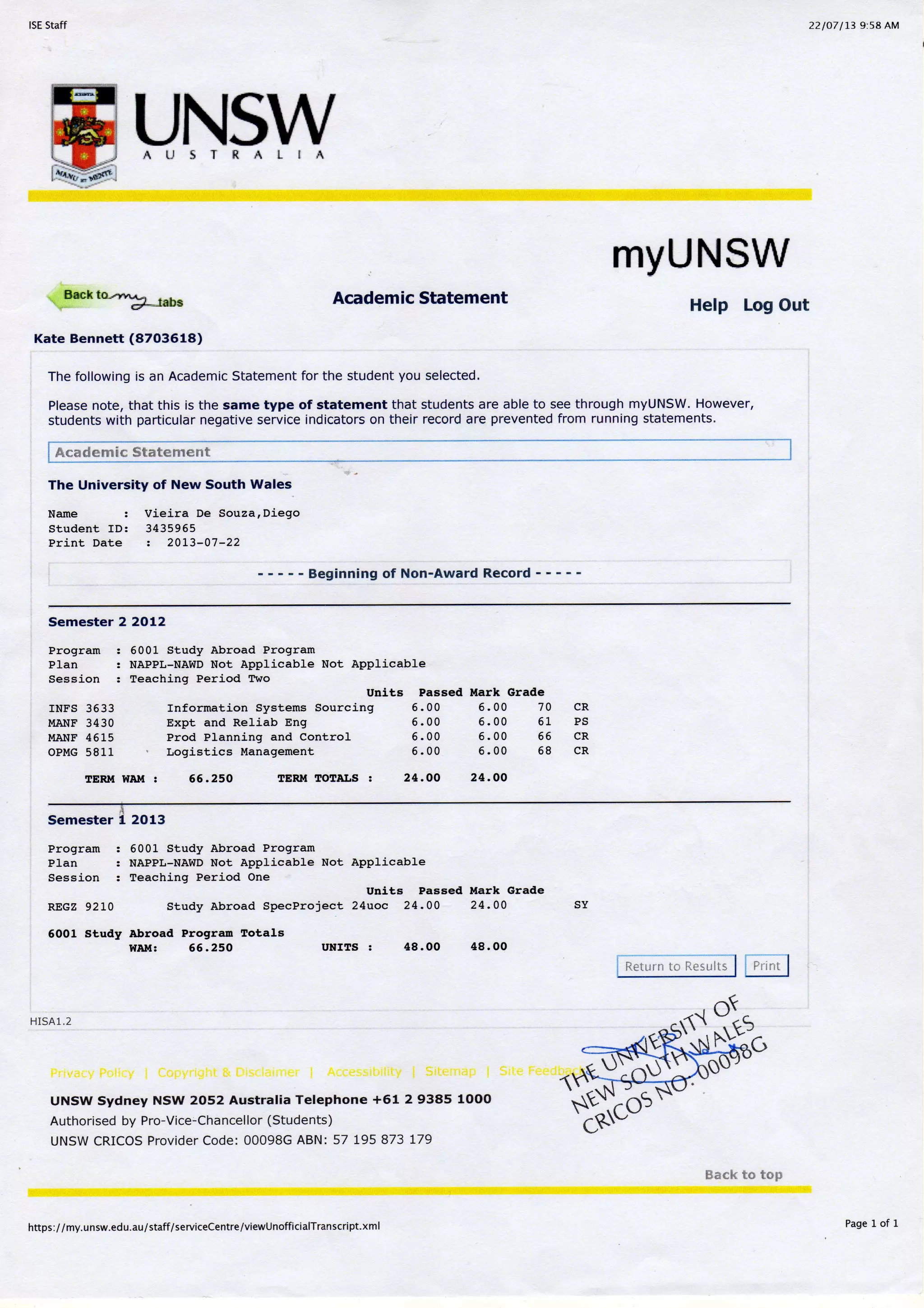 Academic Transcript UNSW | PDF