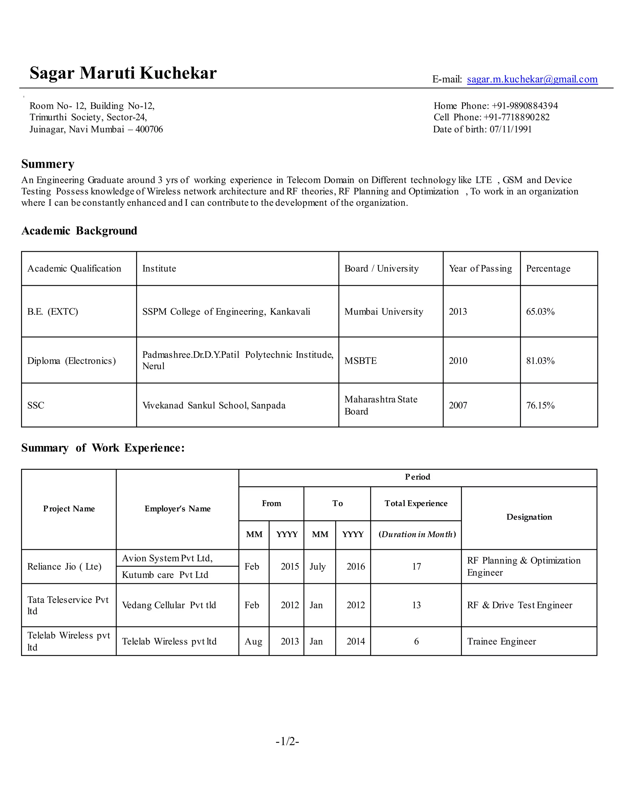 Sagar Kuchekar_LTE_RF_Optimization Engineer | DOCX