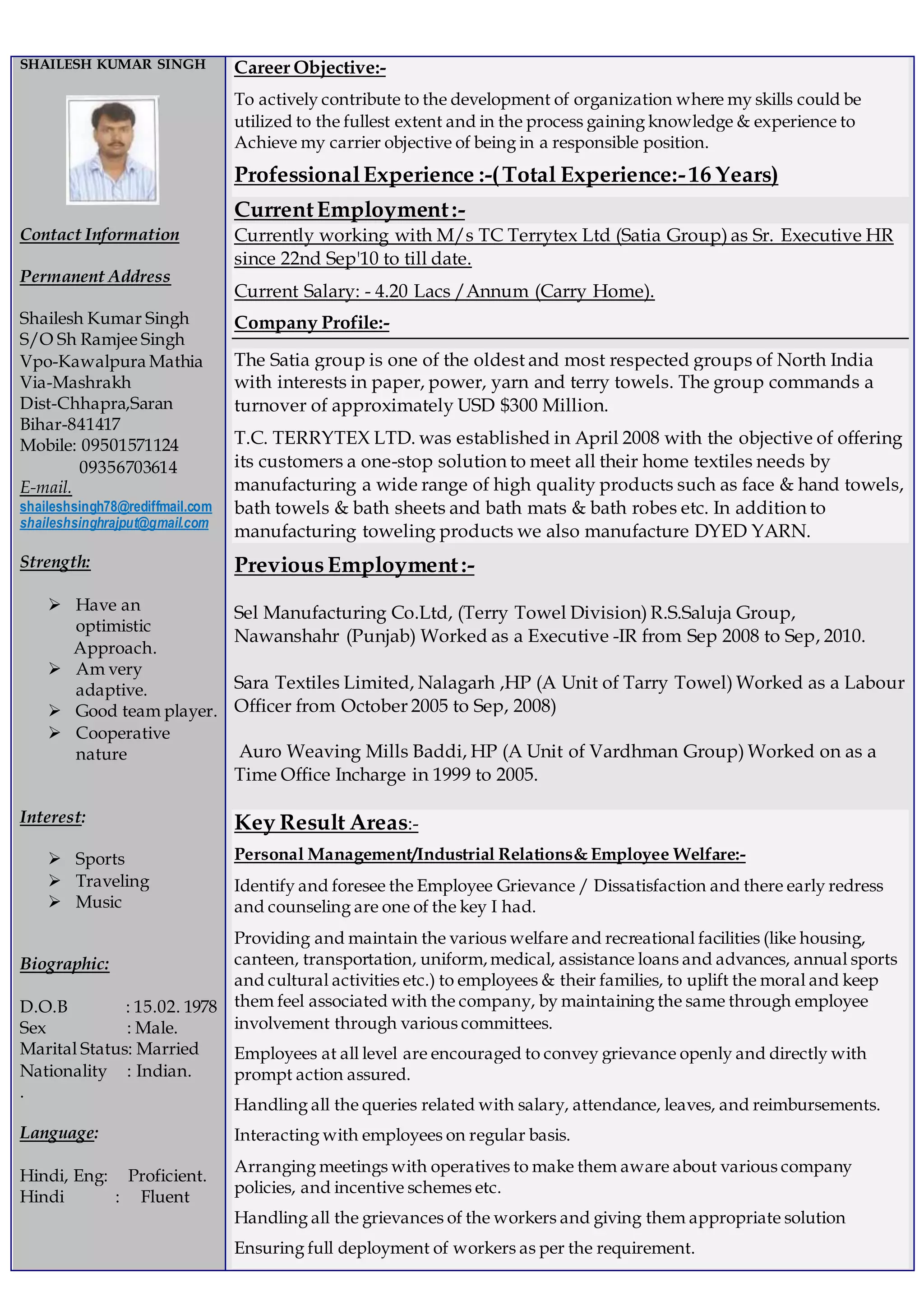 Resume for the post in HR | DOCX