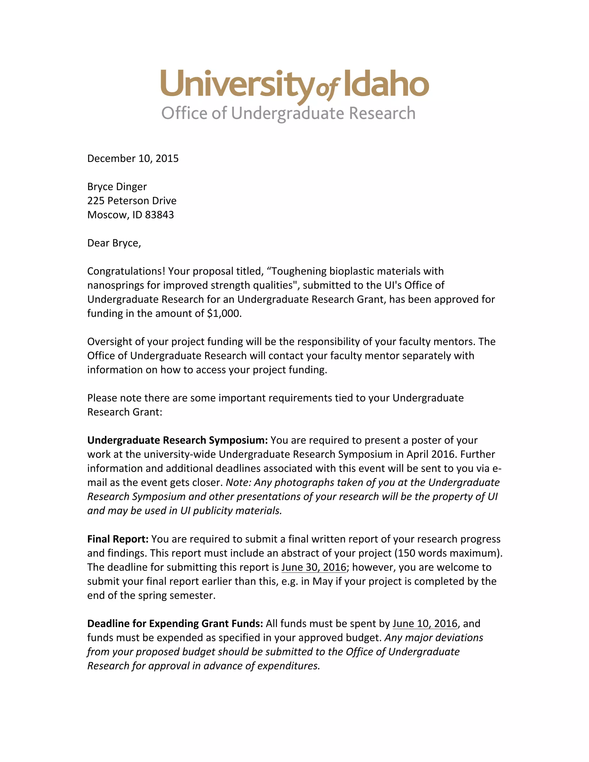 Dinger award letter | PDF