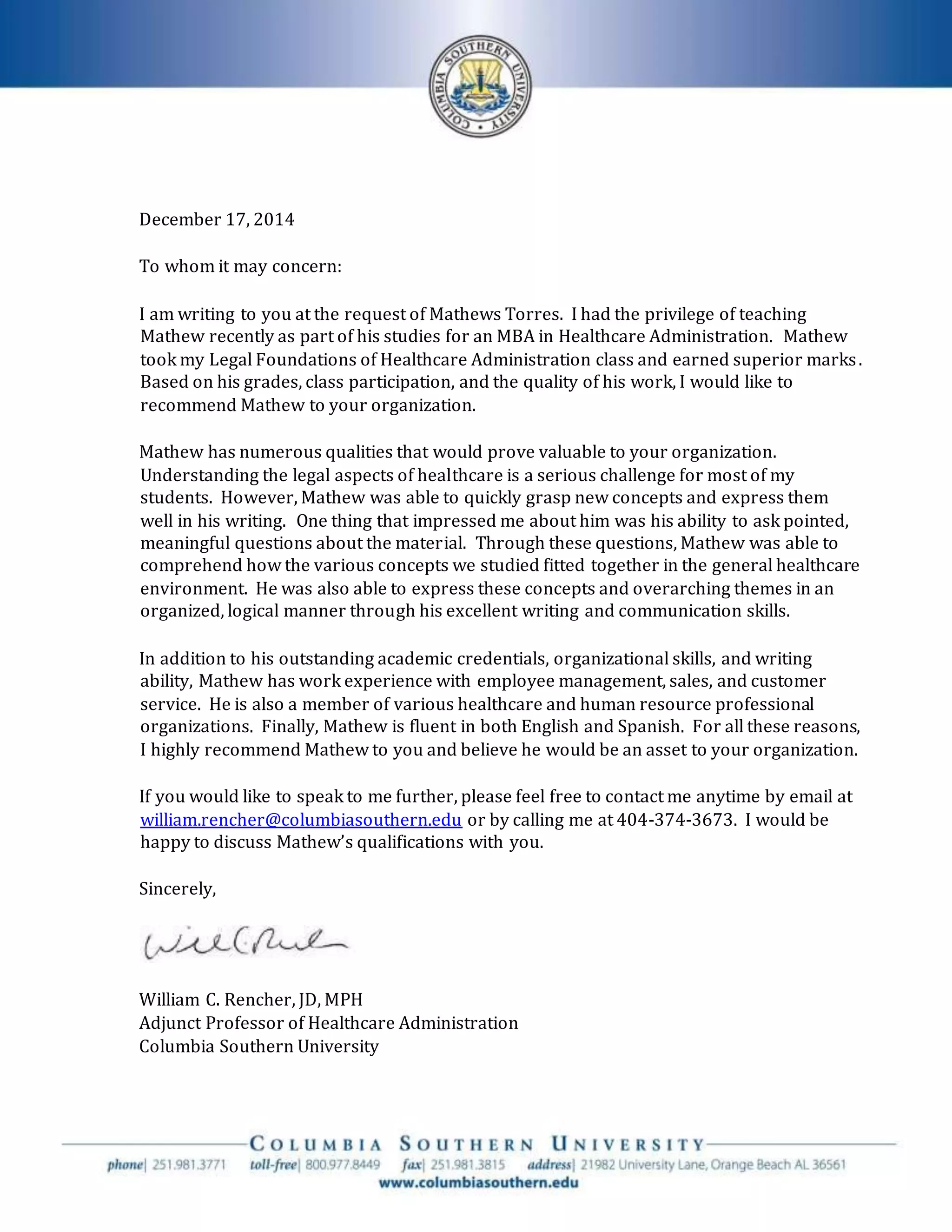 William Fencher, JD, MPH (Employment) | PDF