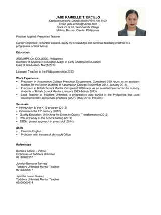 Applicant Resume Sample Filipino