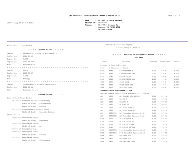 UNT Transcript 2015 highlighted | PDF | Undergraduate Education | College Education
