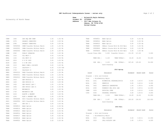UNT Transcript 2015 highlighted | PDF | Undergraduate Education ...