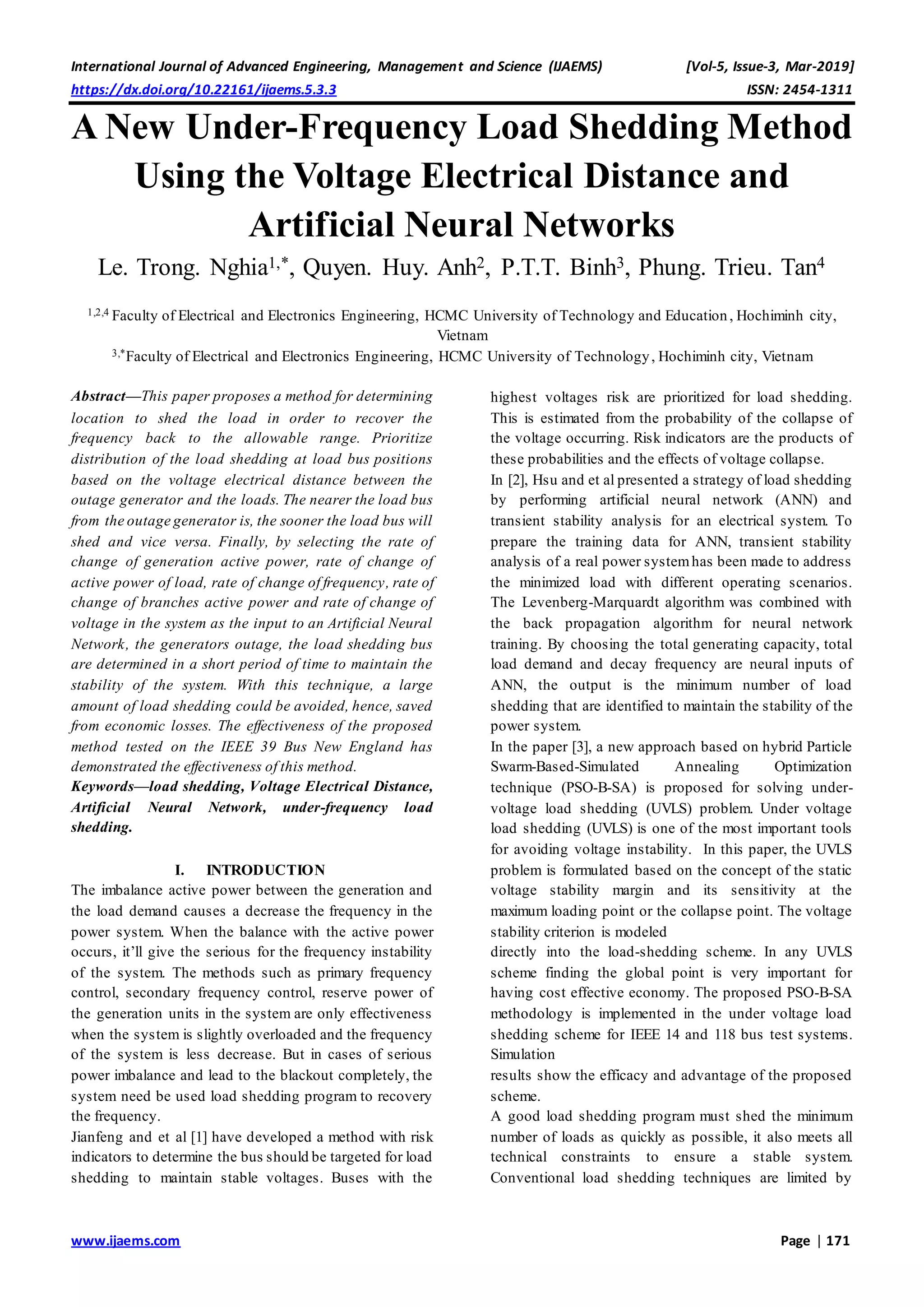 A New Under Frequency Load Shedding Method Using The Voltage Electrical Distance And Artificial 