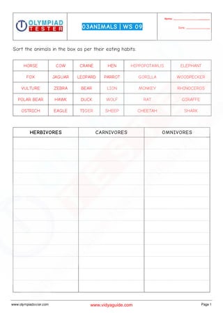 Class 3 Science Olympiad Sample paper on Animals - Set 01 | PDF