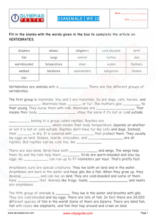 Class 3 Science Olympiad Sample paper on Animals - Set 01 | PDF