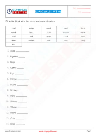 Class 3 Science Olympiad Sample paper on Animals - Set 01 | PDF