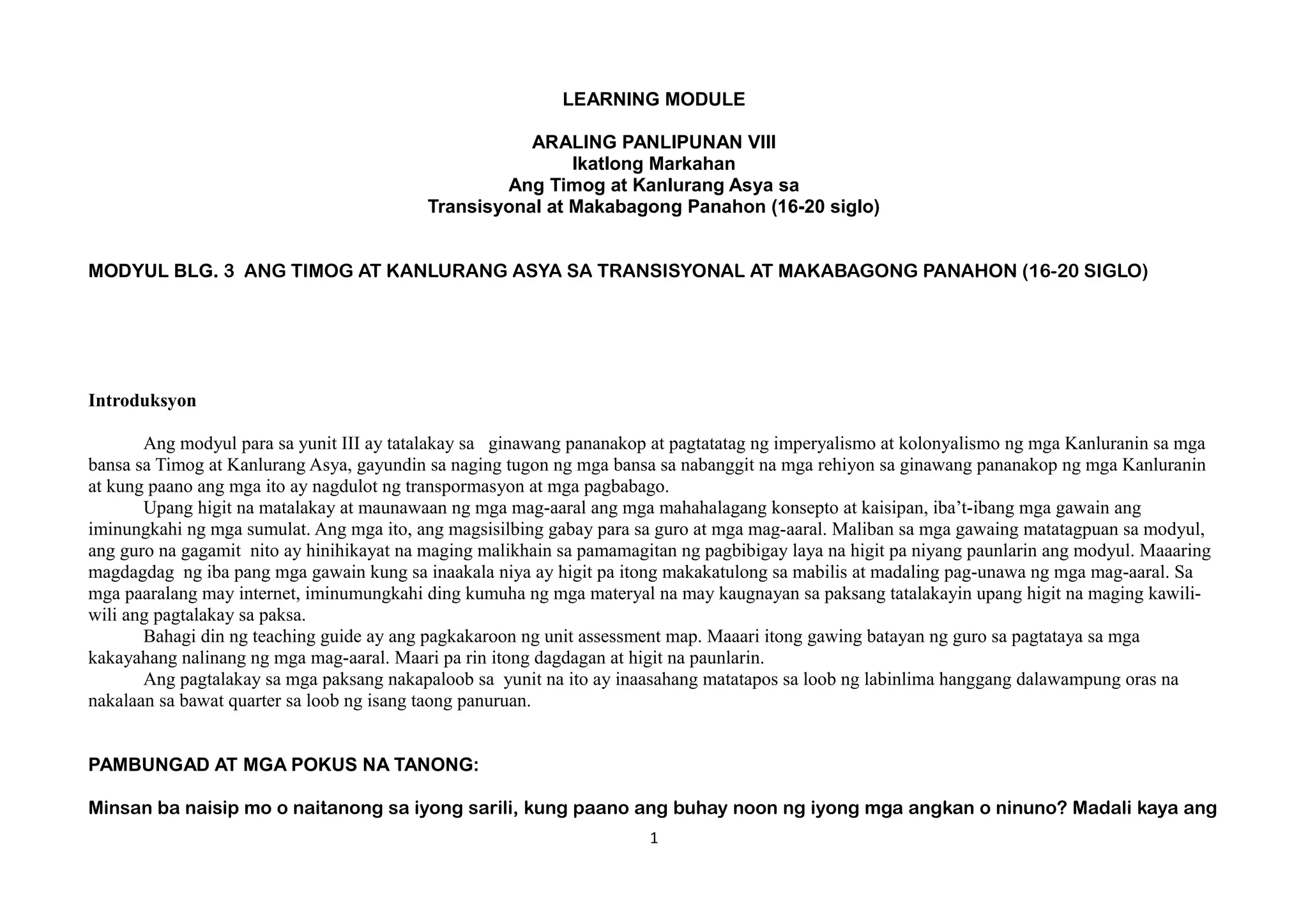 Araling Panlipunan Grade 8 - Third Quarter Module | DOC