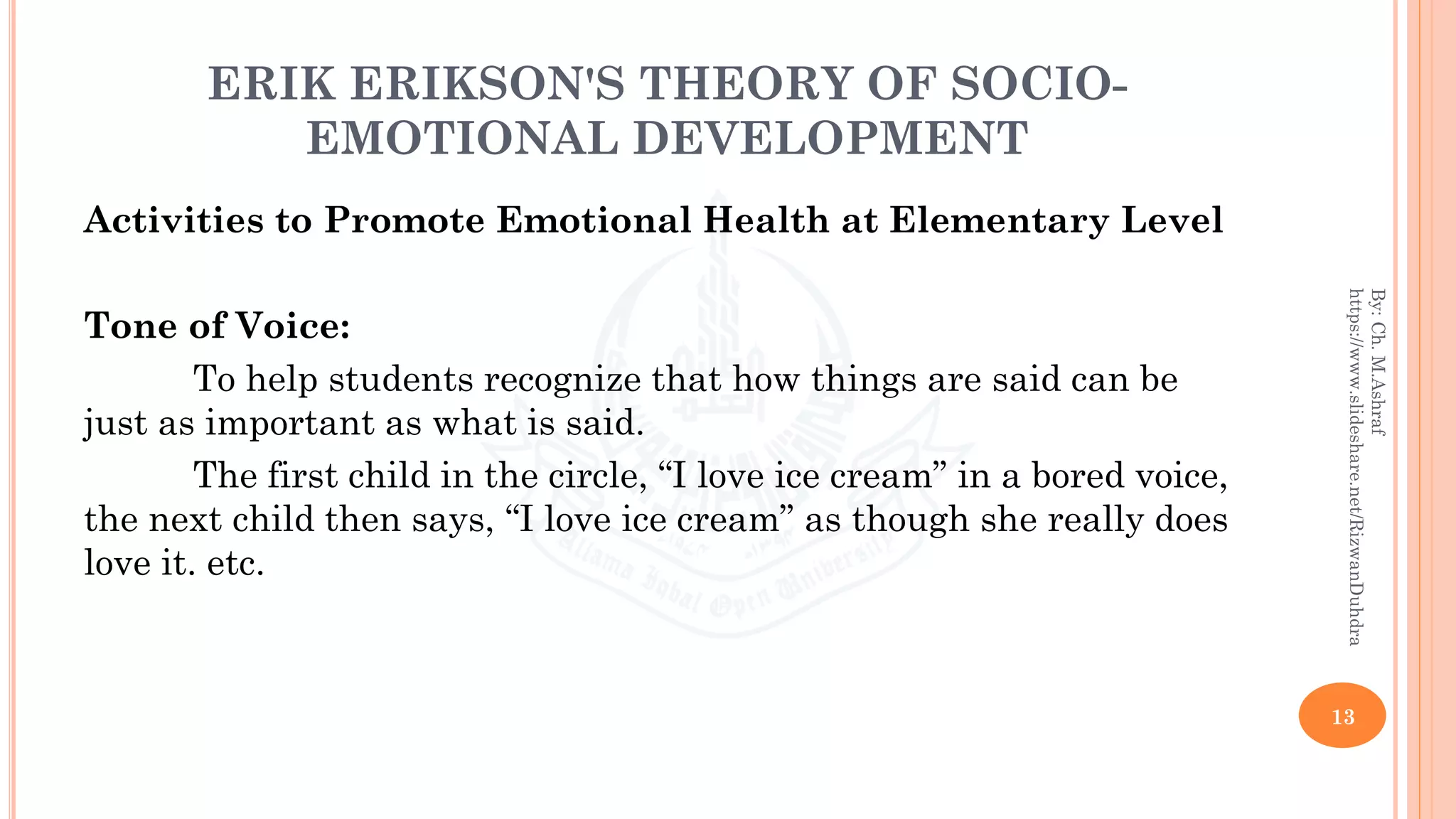 ERIK ERIKSON'S THEORY OF SOCIO-EMOTIONAL DEVELOPMENT | PDF