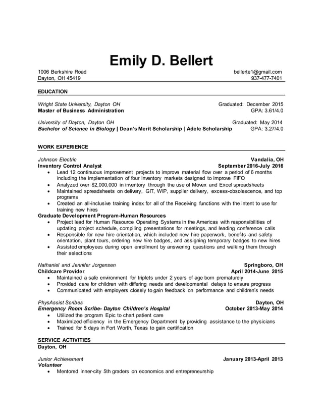 Emily Bellert Current Resume | DOCX | Business | Business and Finance