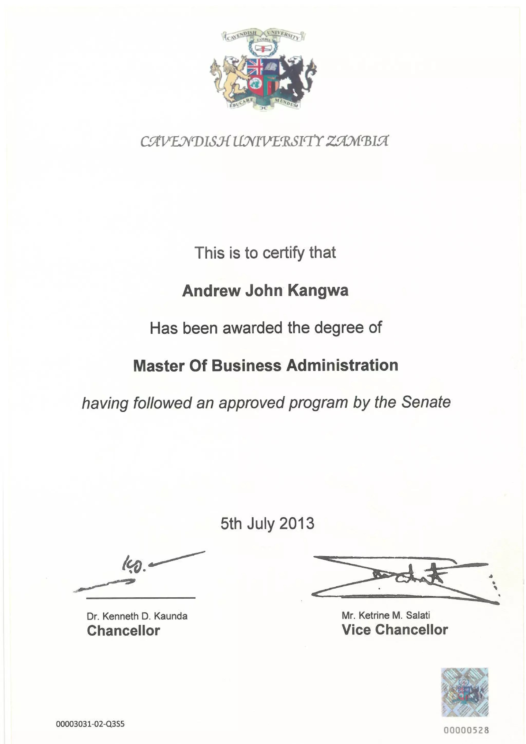 Degree of Masters of Business Admin. | PDF
