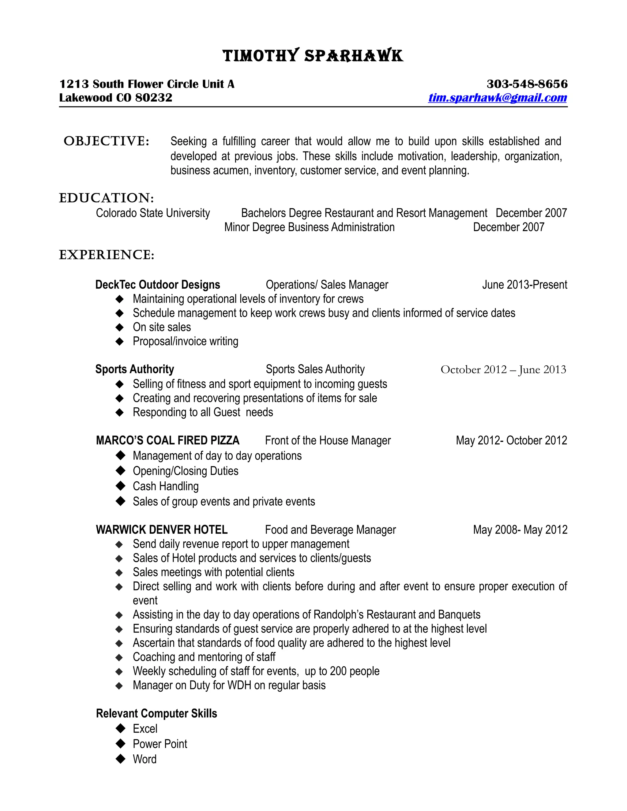 Tim Resume 6-7-15 | DOC | Business | Business and Finance