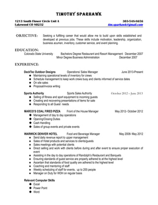 Tim Resume 6-7-15 | DOC | Business | Business and Finance