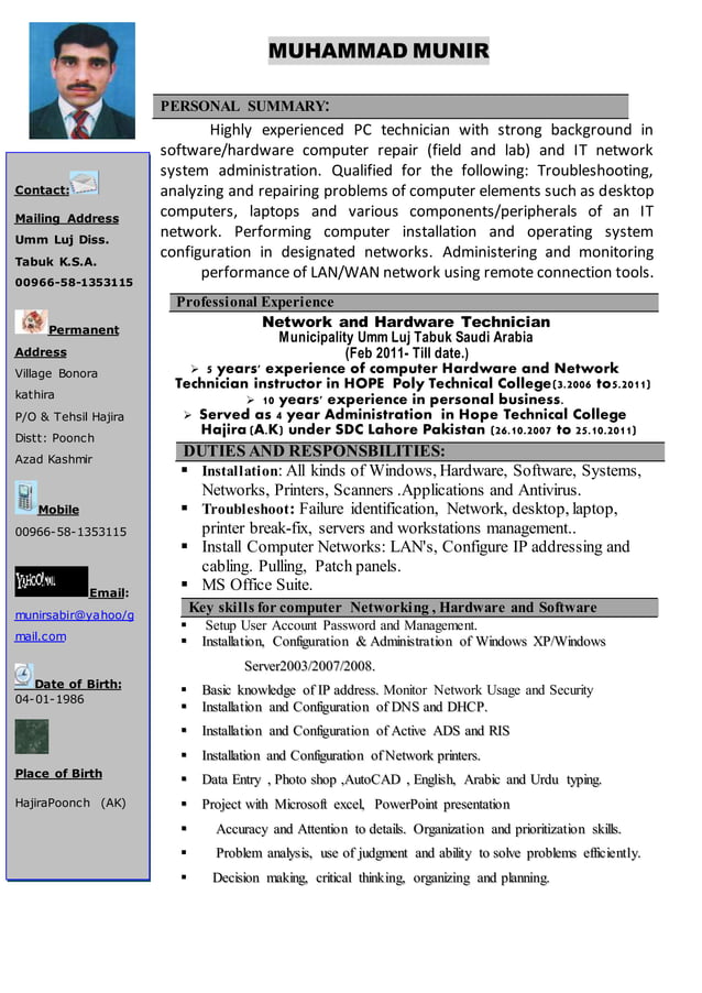Munir sabir c.v | DOCX | Computing | Technology & Computing