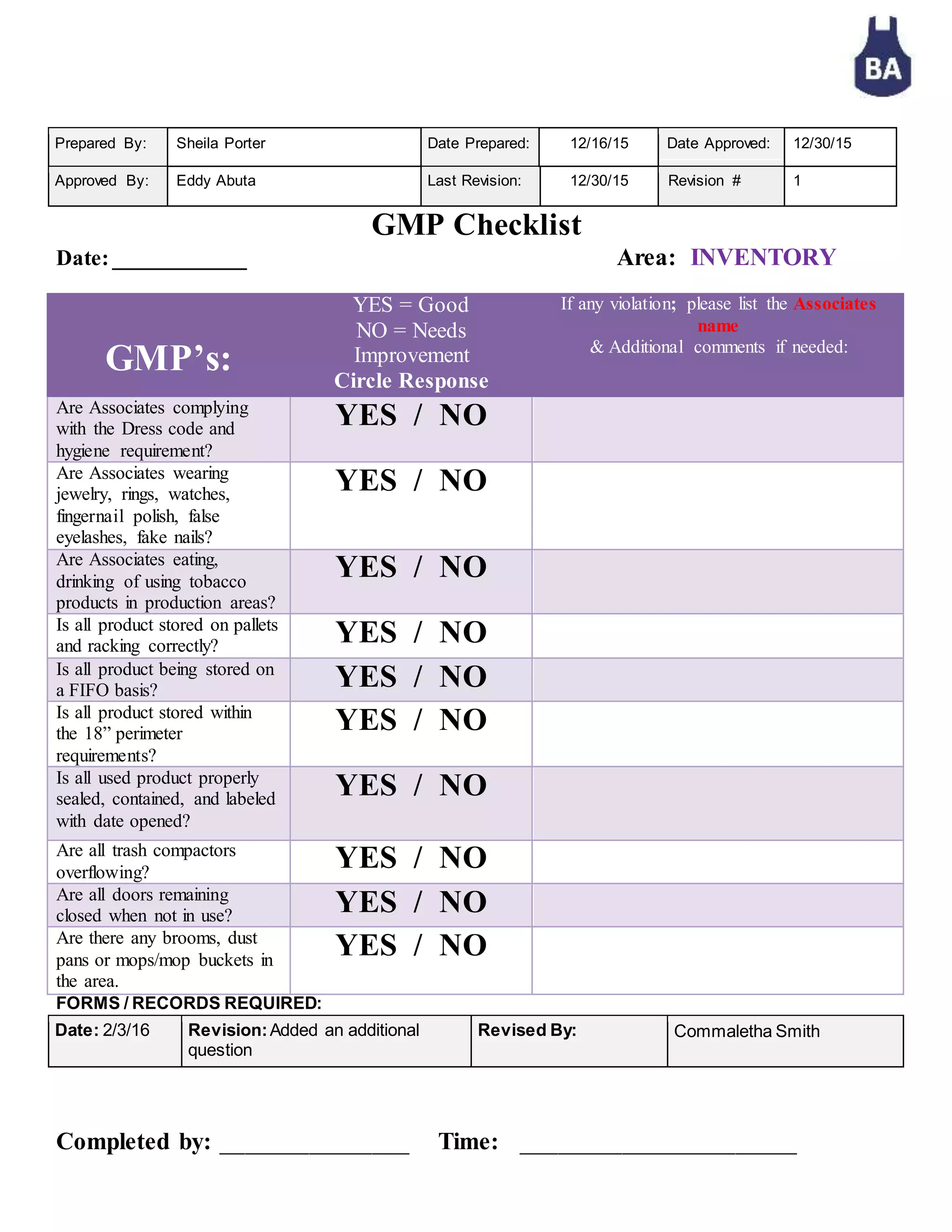 GMP checklist INVENTORY | PDF