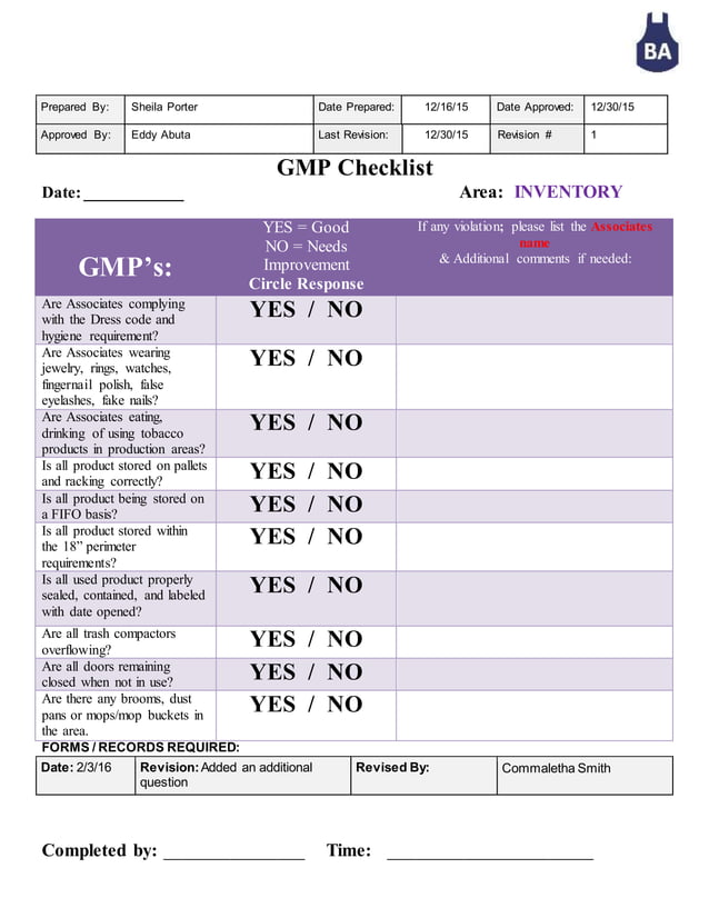 GMP checklist INVENTORY | PDF