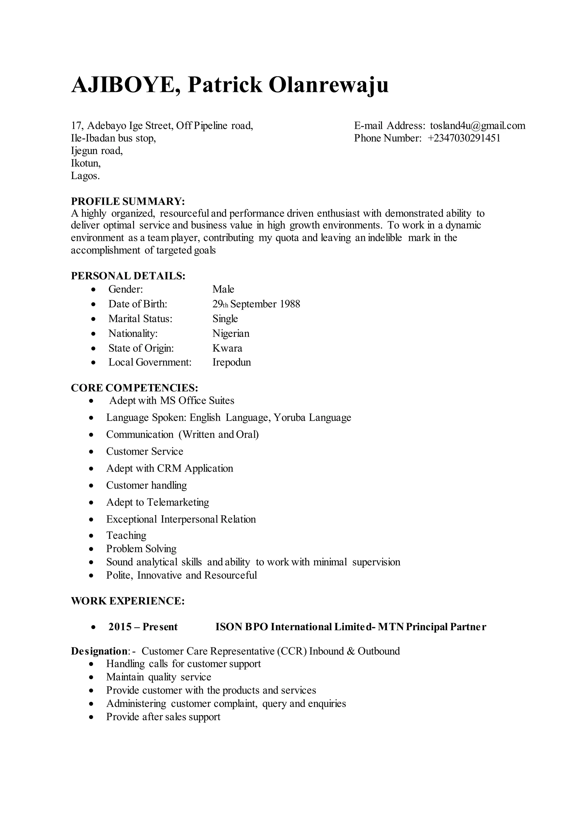 AJIBOYE PATRICK OLANREWAJU EDITED CURRICULUM VITAE AS AT DEC 2016 | PDF