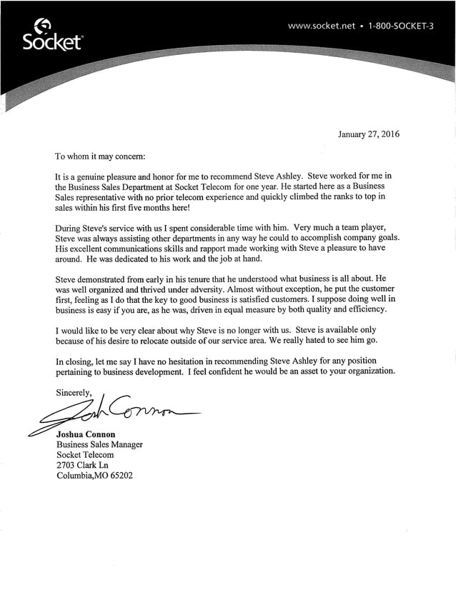 Socket Letter of recommendation - Steve Ashley | PDF