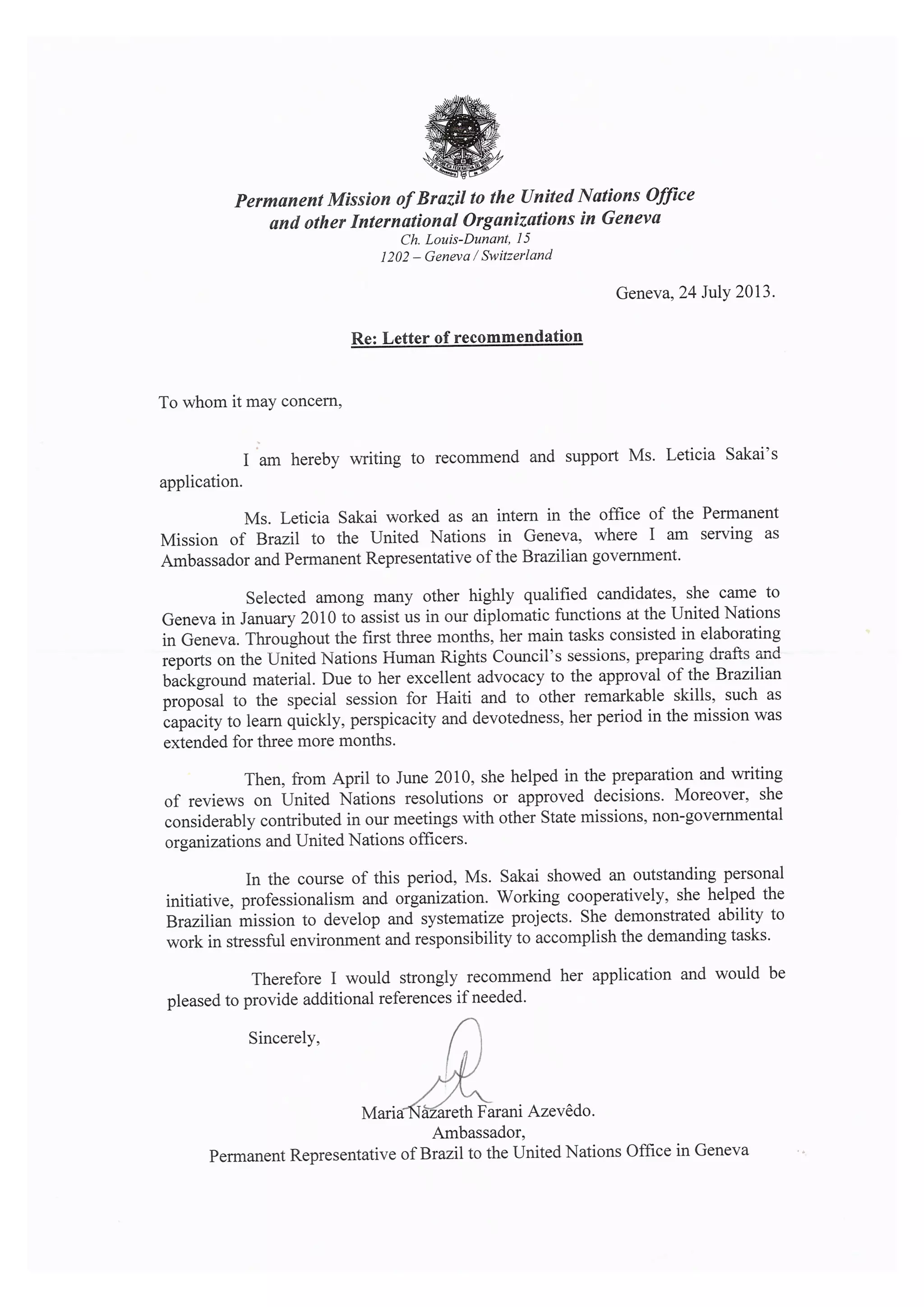 SAKAI Leticia - Reference Letter of the Brazilian Ambassador's letter ...