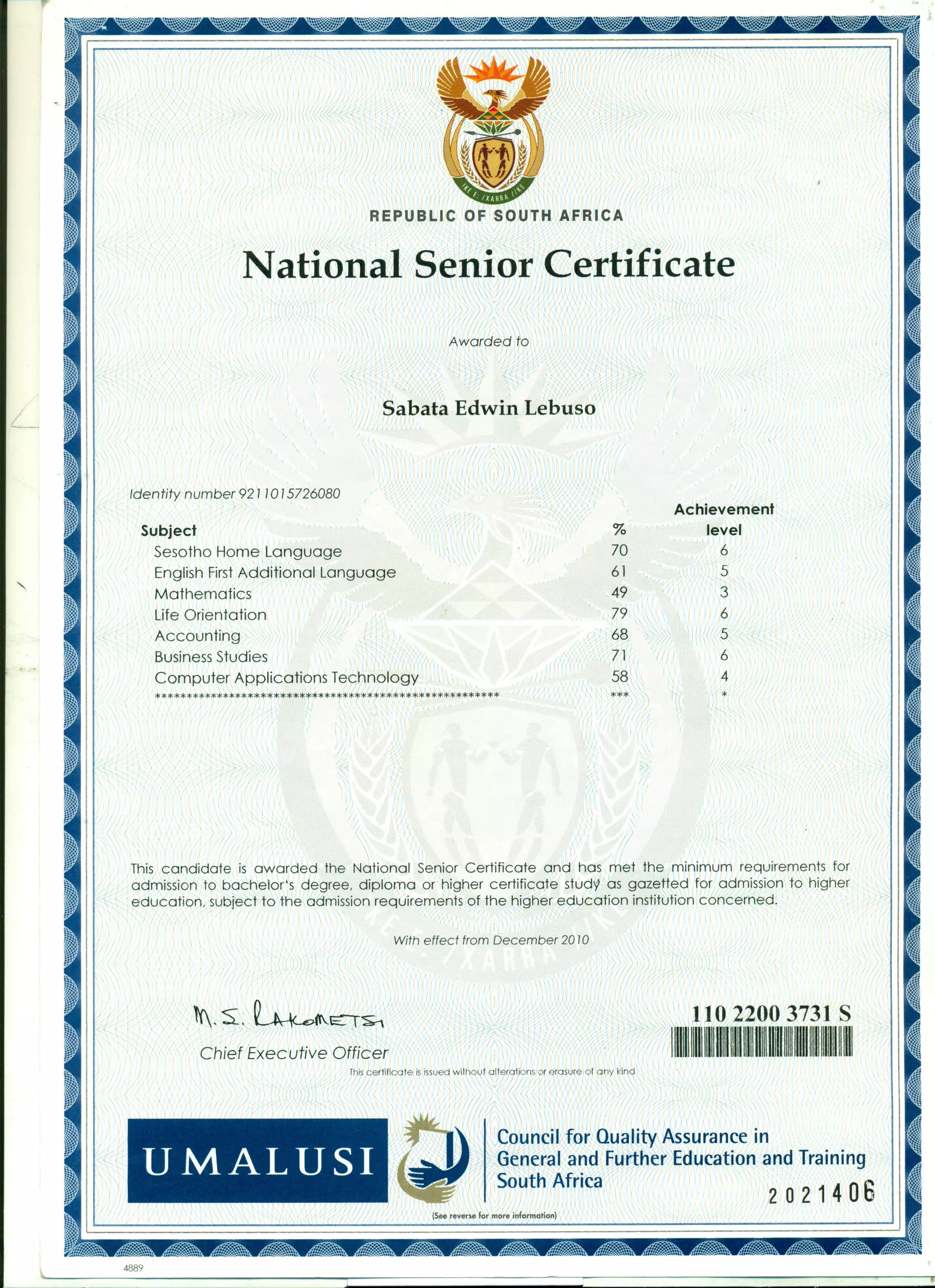 Matric certificate | PDF