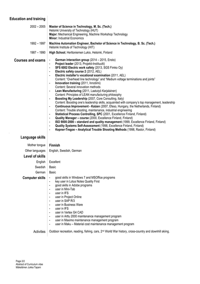 Jukka Makelainen UK CV Abstract 2015 | PDF