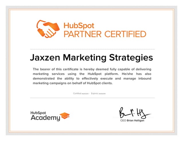 HubSpot Partner Certificate - Jaxzen Marketing Strategies | PDF ...