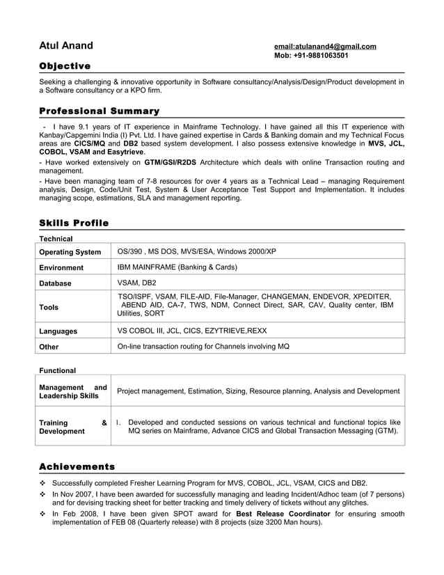 Resume_Atul_Anand_9.1_Yrs_Technical Lead_Mainframe | PDF