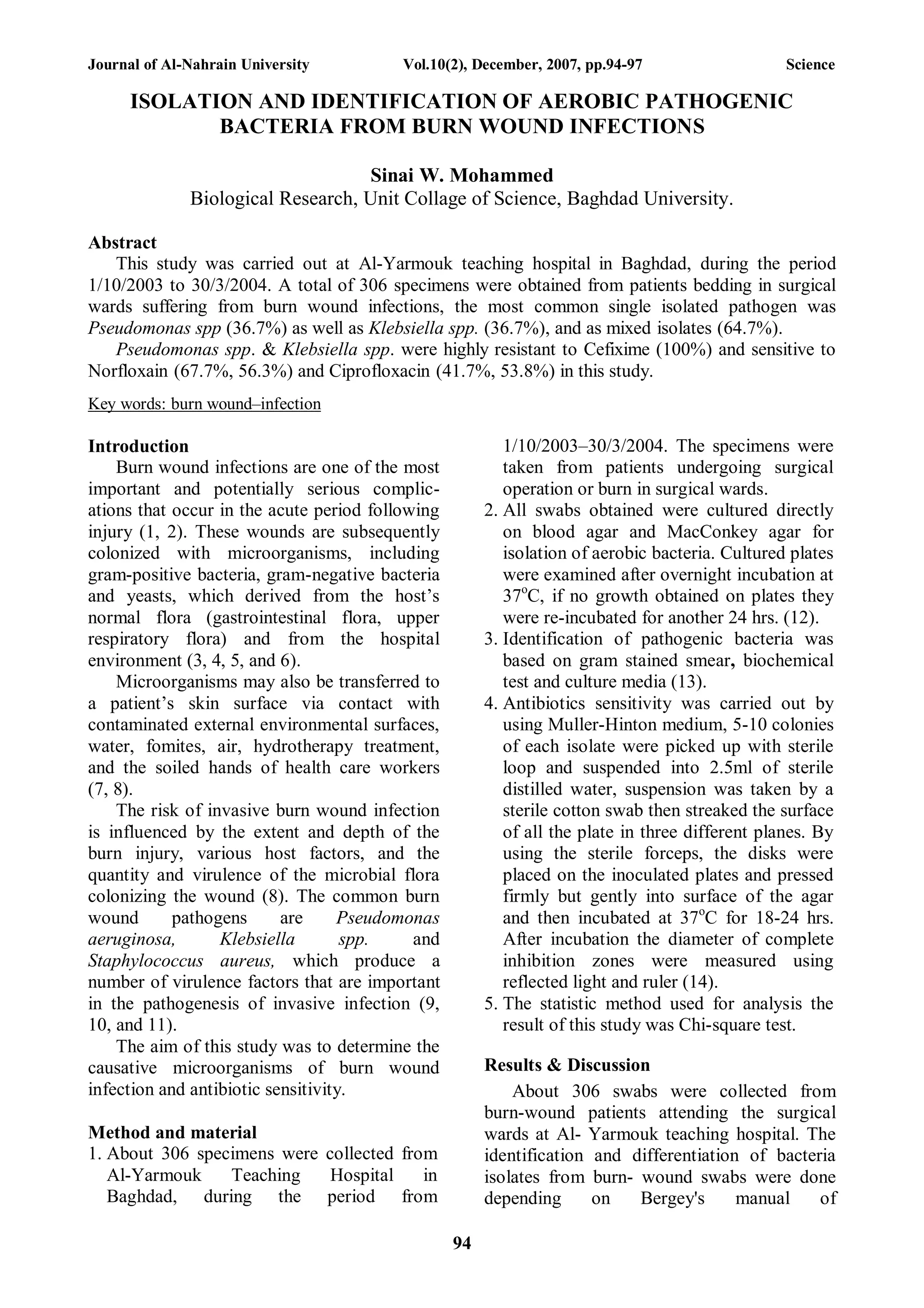 ISOLATION AND IDENTIFICATION OF AEROBIC PATHOGENIC BACTERIA FROM BURN ...