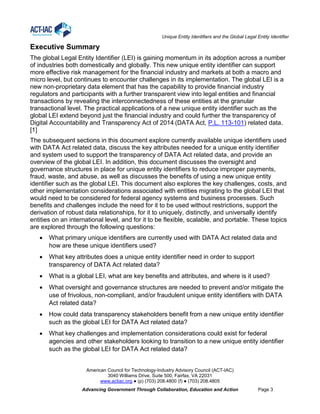 Unique Entity Identifiers and the Global Legal Entity Identifier - CT ...