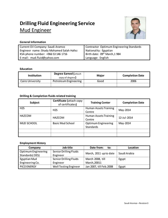 Saudi Aramco Drilling Fluid Engineer CV | PDF