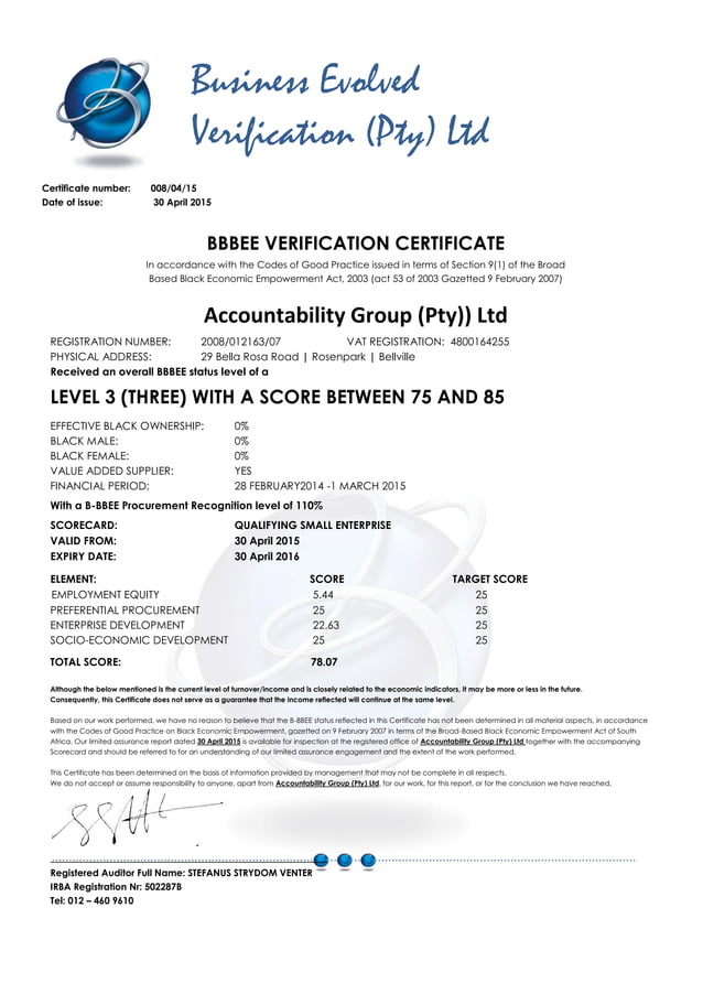 BBBEE certificate 2015 | PDF