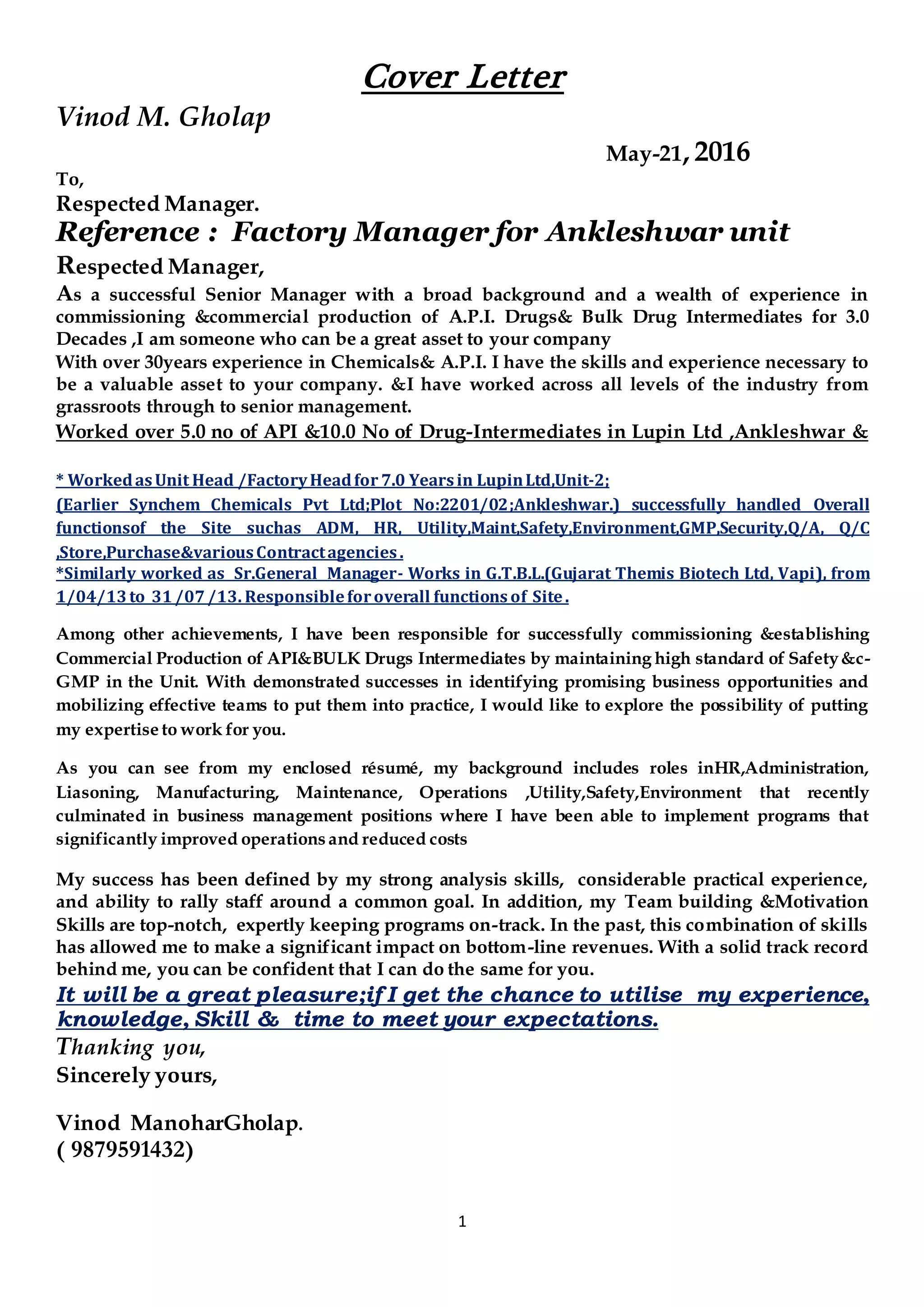 Cover Letter &C.V. of Vinod Gholap | PDF