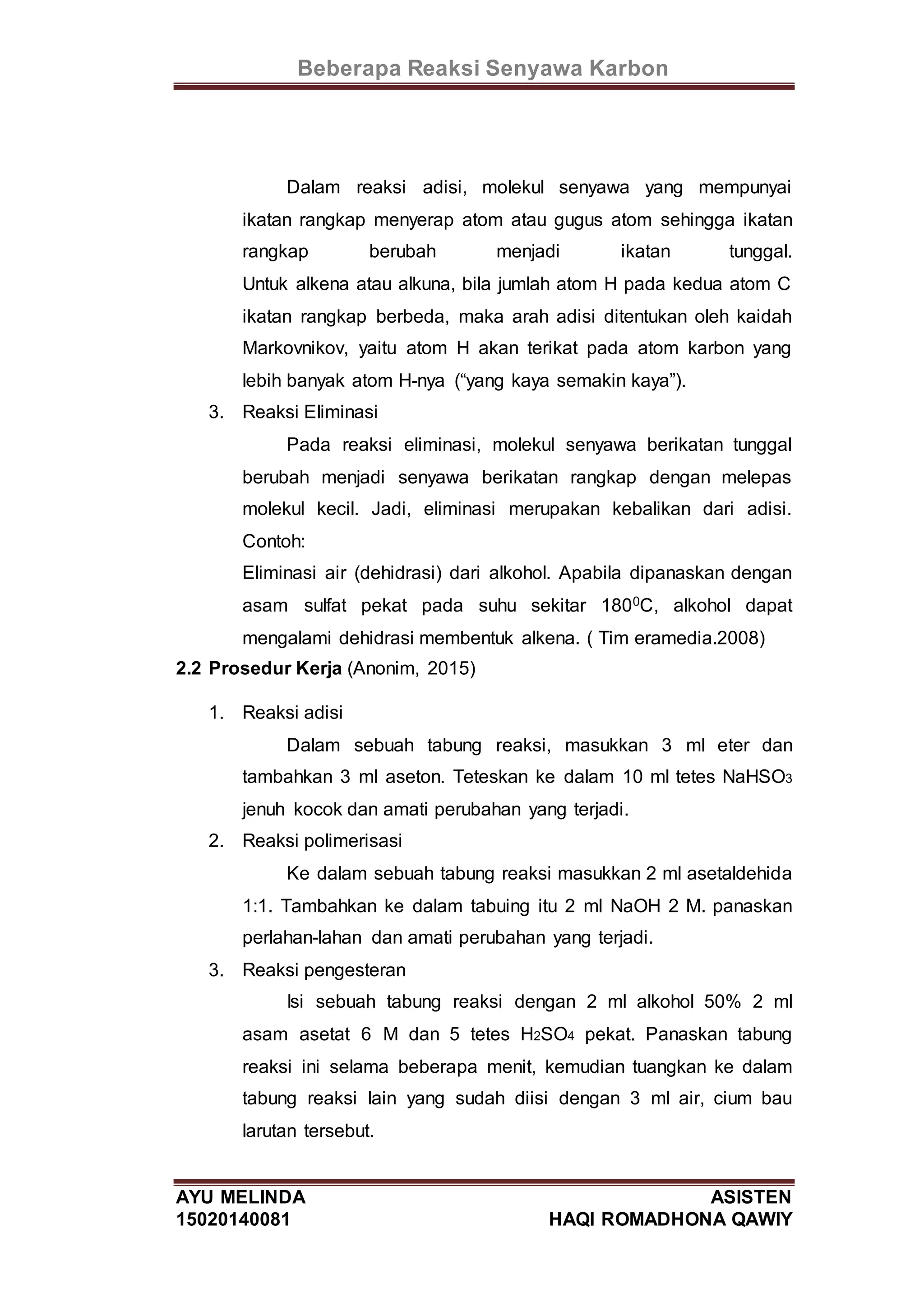 3 beberapa reaksi senyawa karbon | DOCX