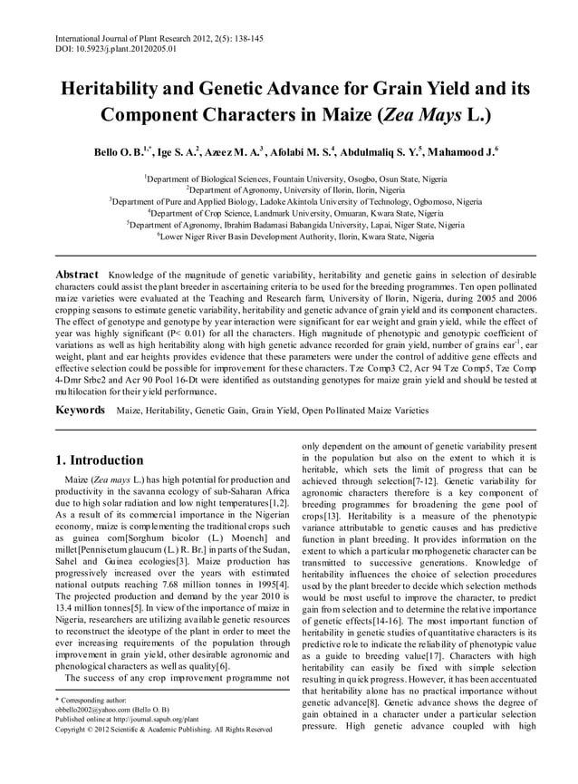 Heritability and Genetic Advance for Grain Yield and its Component Characters in Maize (Zea Mays ...
