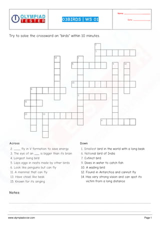 Class 3 Science Olympiad Sample paper on Birds - Set 01 | PDF