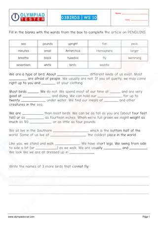 Class 3 Science Olympiad Sample paper on Birds - Set 01 | PDF