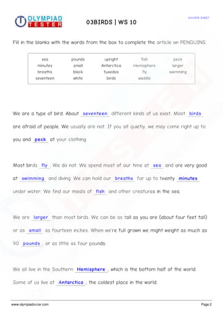 Class 3 Science Olympiad Sample paper on Birds - Set 01 | PDF