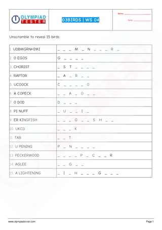 Class 3 Science Olympiad Sample paper on Birds - Set 01 | PDF