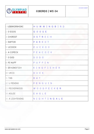 Class 3 Science Olympiad Sample paper on Birds - Set 01 | PDF