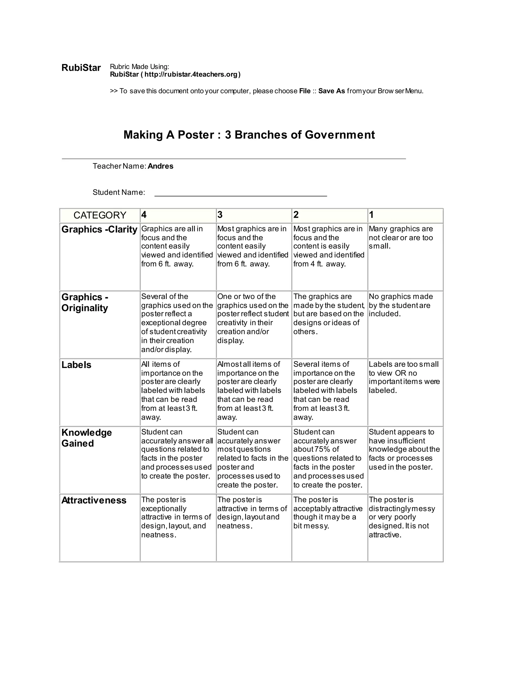 3 branches of government powerpoint rubric | DOCX