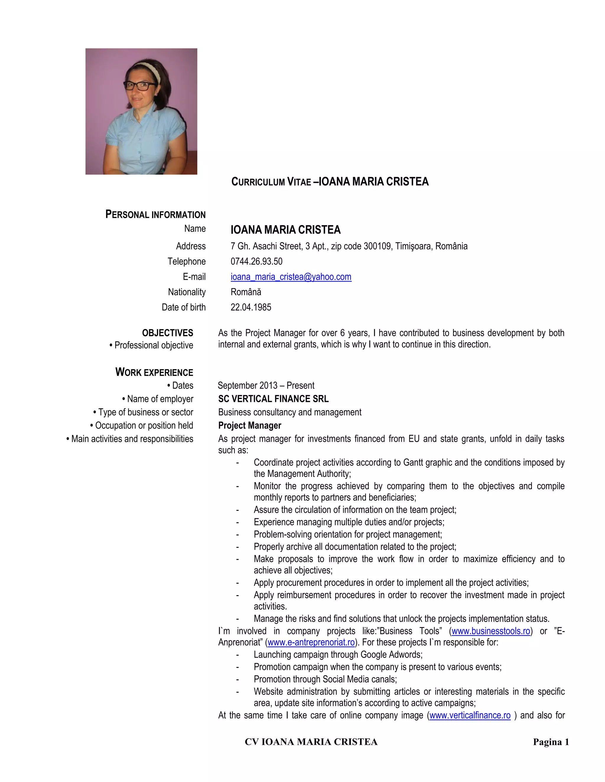 CV_Ioana_Maria_Cristea_ENG | PDF | Secondary Education | Education