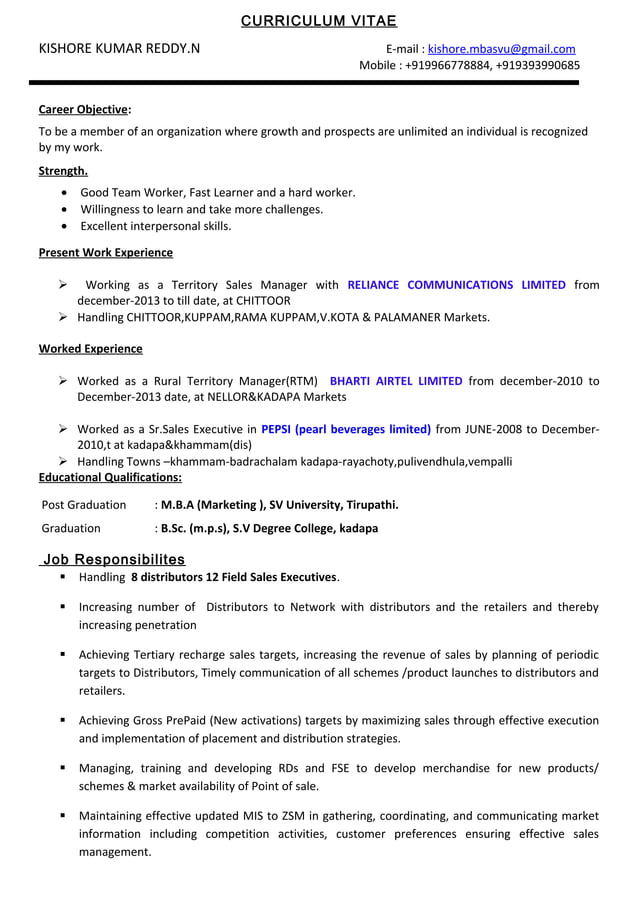 KISHORE Resume | DOC | Sales | Business