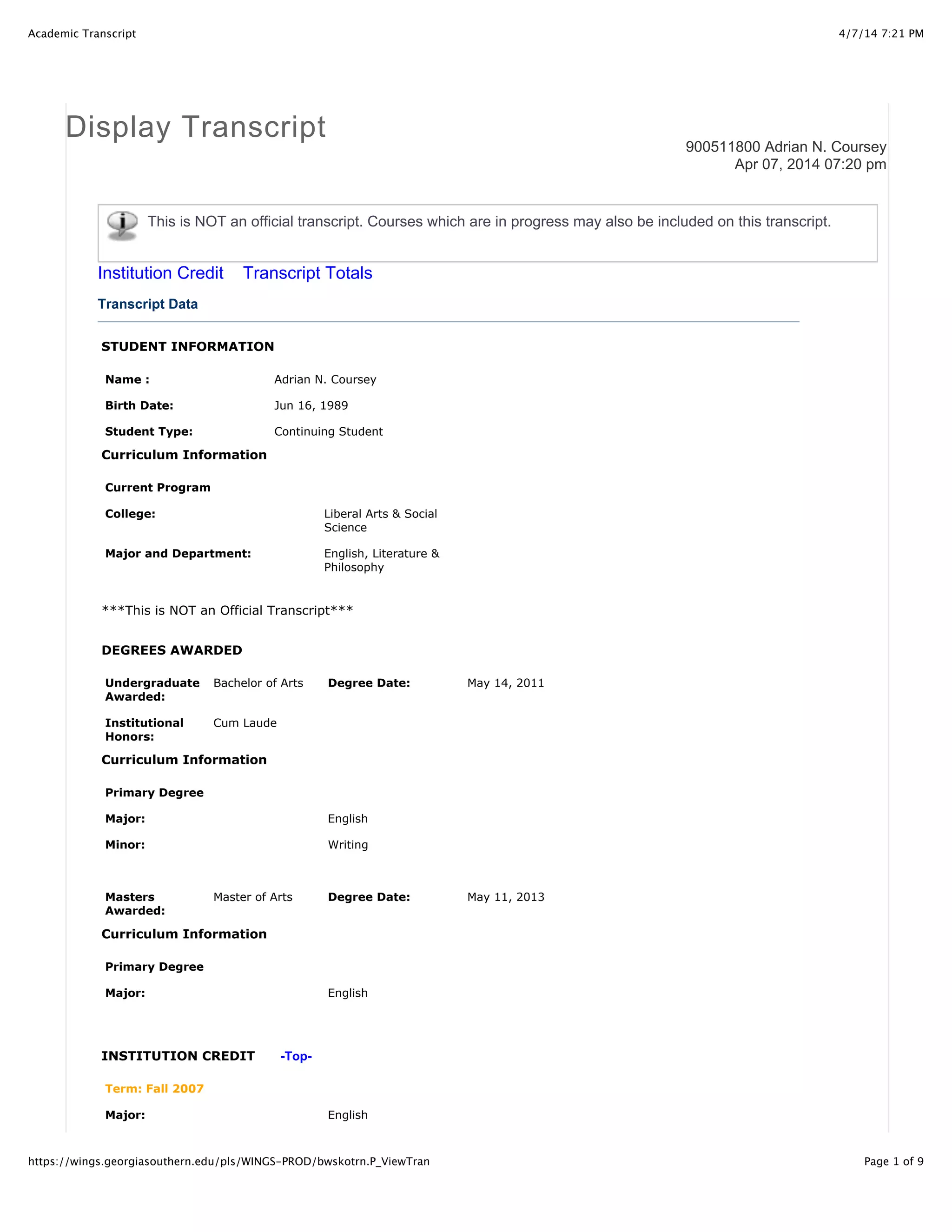 Academic Transcript-Adrian Coursey | PDF | Undergraduate Education ...