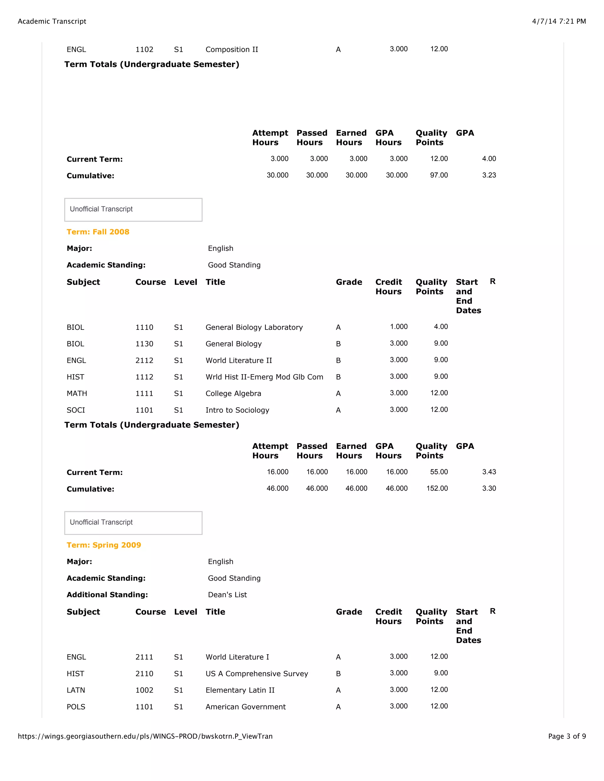 Academic Transcript-Adrian Coursey | PDF | Undergraduate Education ...