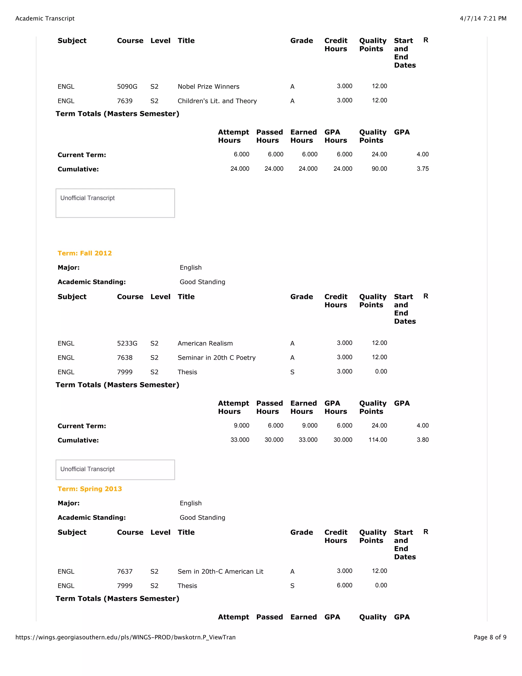 Academic Transcript-Adrian Coursey | PDF
