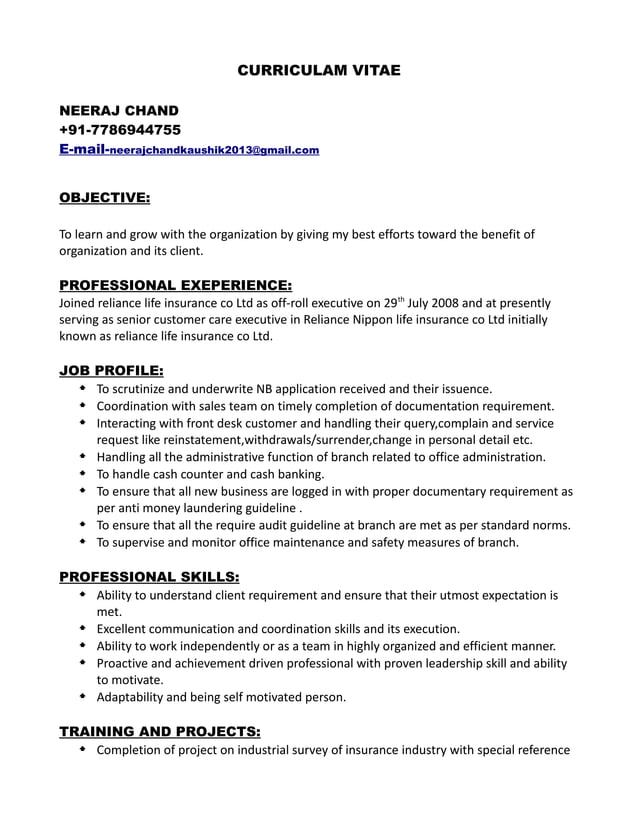 resume for job | PDF | Insurance | Personal Finance